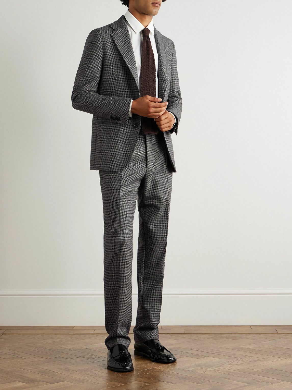 De Petrillo - Slim-Fit Pleated Houndstooth Virgin Wool Trousers - Gray ...