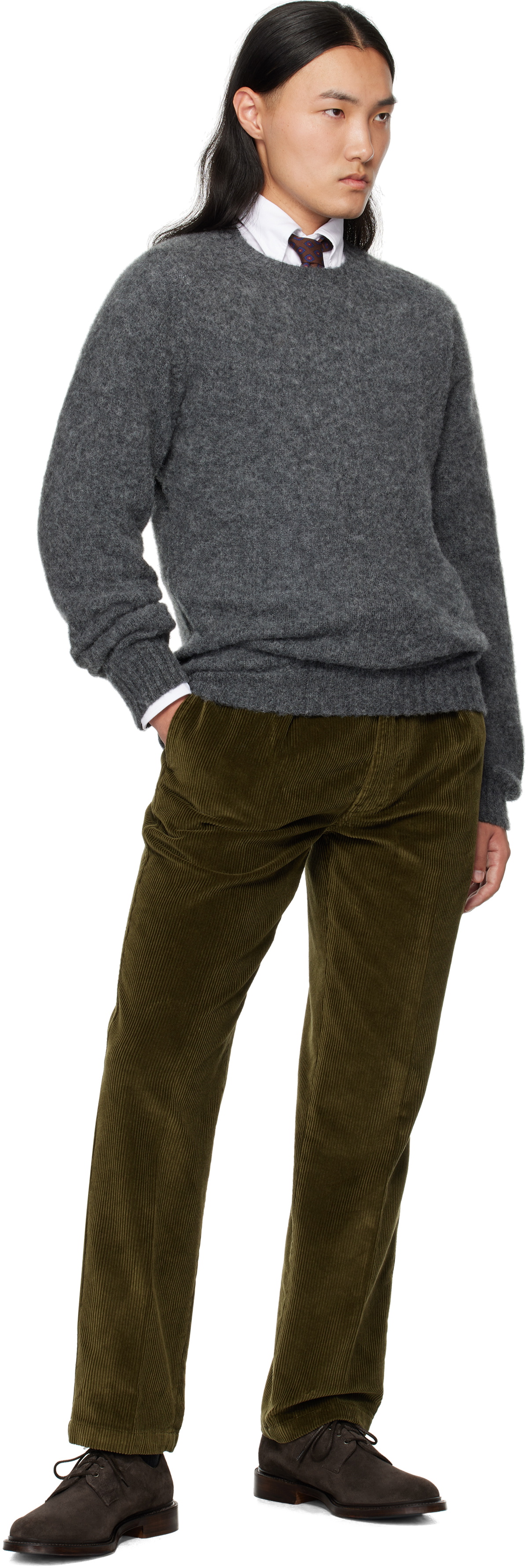 Drake's Gray Brushed Shetland Crew Neck Sweater Drake's
