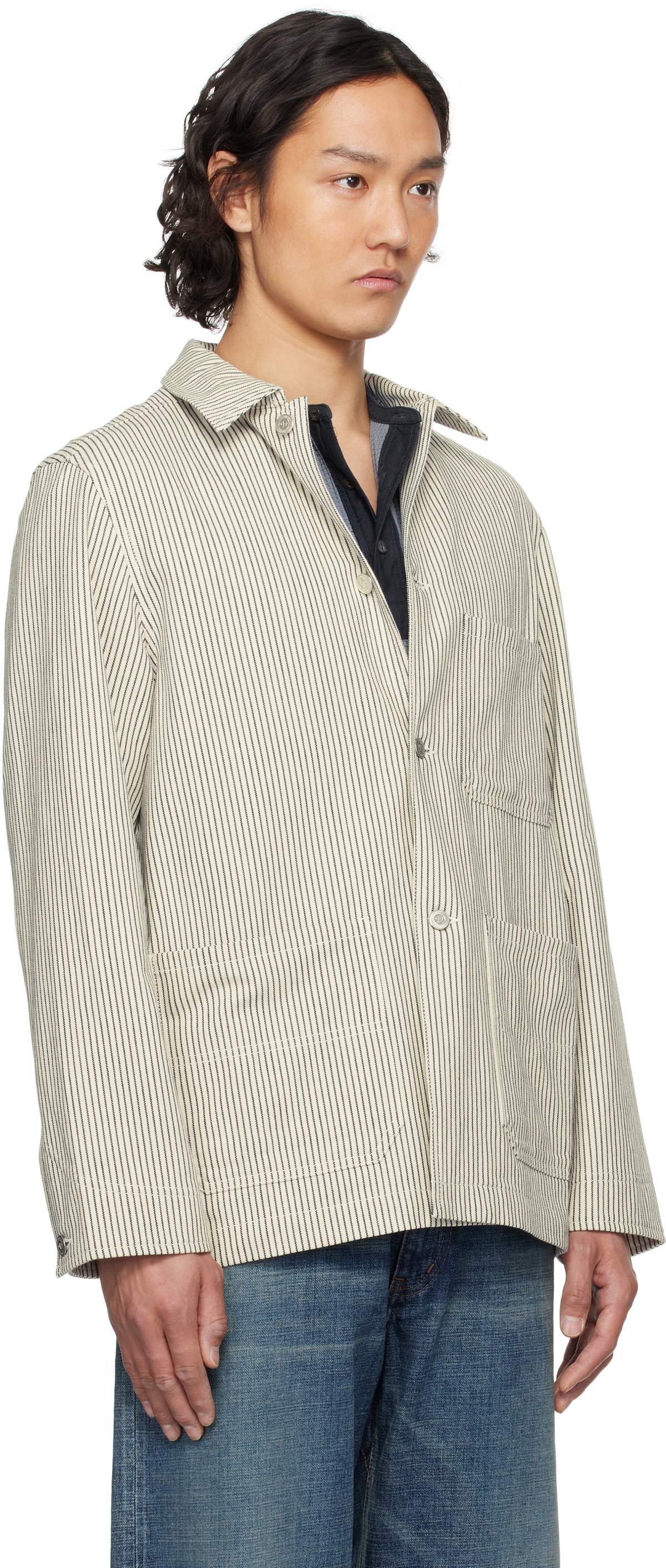 Drake's Off-White & Navy Stripe Cotton Stoker Jacket Drake's