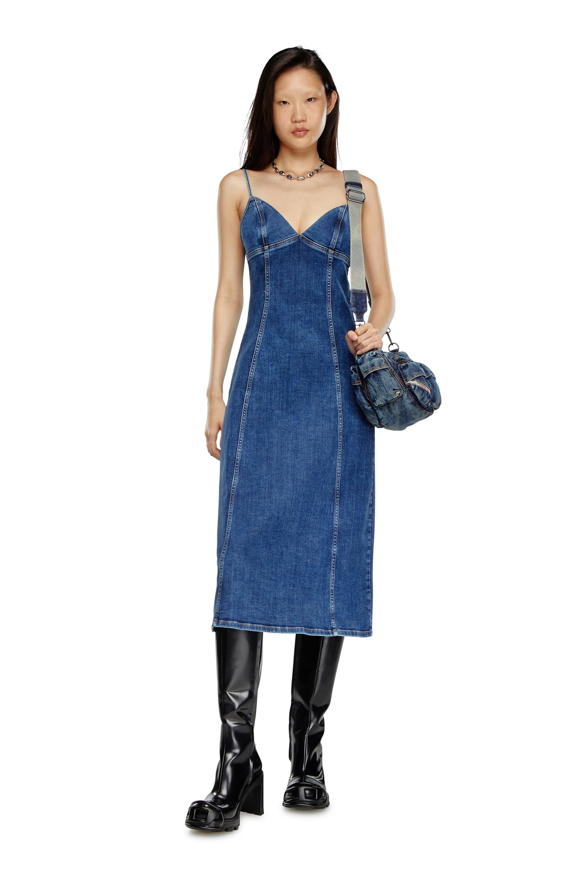 Diesel Strappy midi dress in denim - Dresses Womens in Blue Diesel