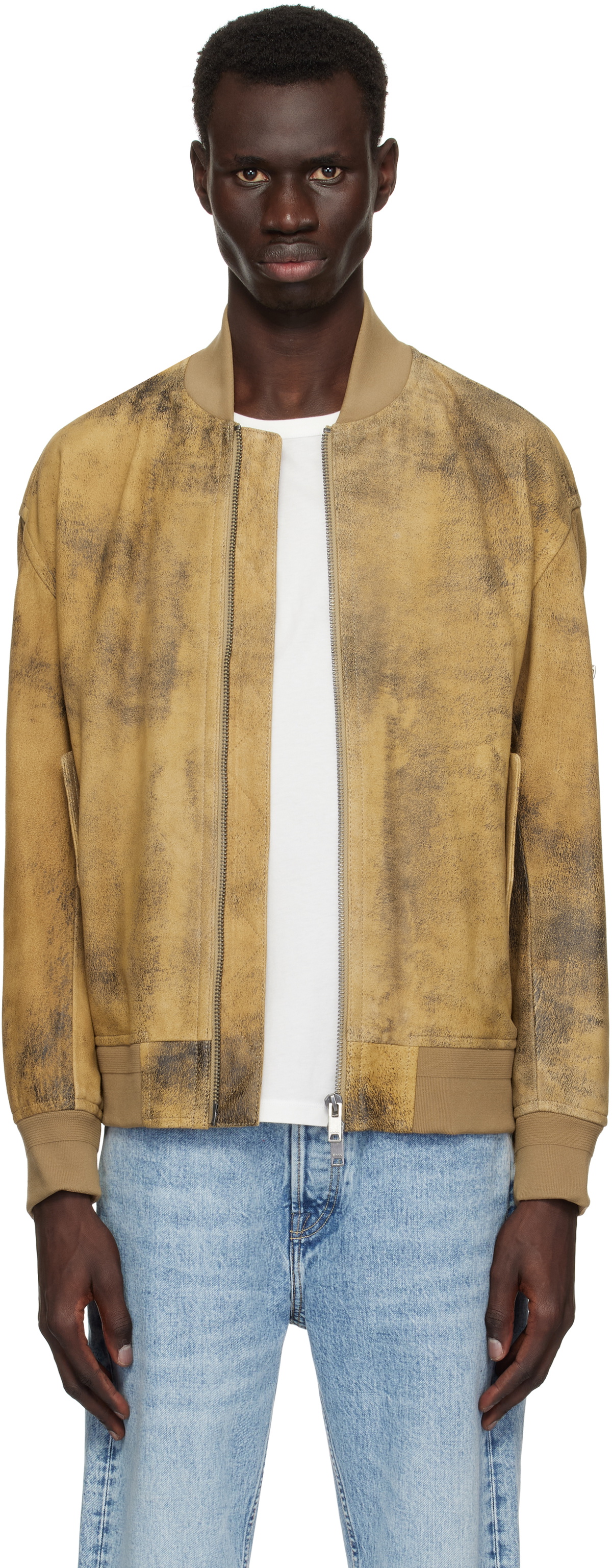 BOSS Tan Distressed Suede Bomber Jacket BOSS