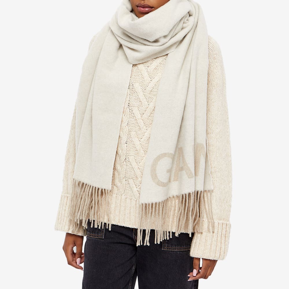 GANNI Women's Fringed Wool Logo Scarf in Egret GANNI