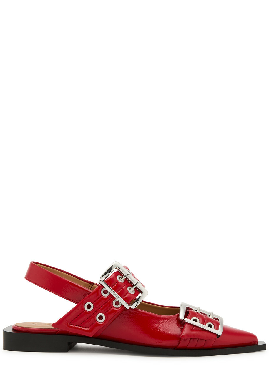 Ganni Buckle Ballerina Faux Leather Slingback Flats Red GANNI