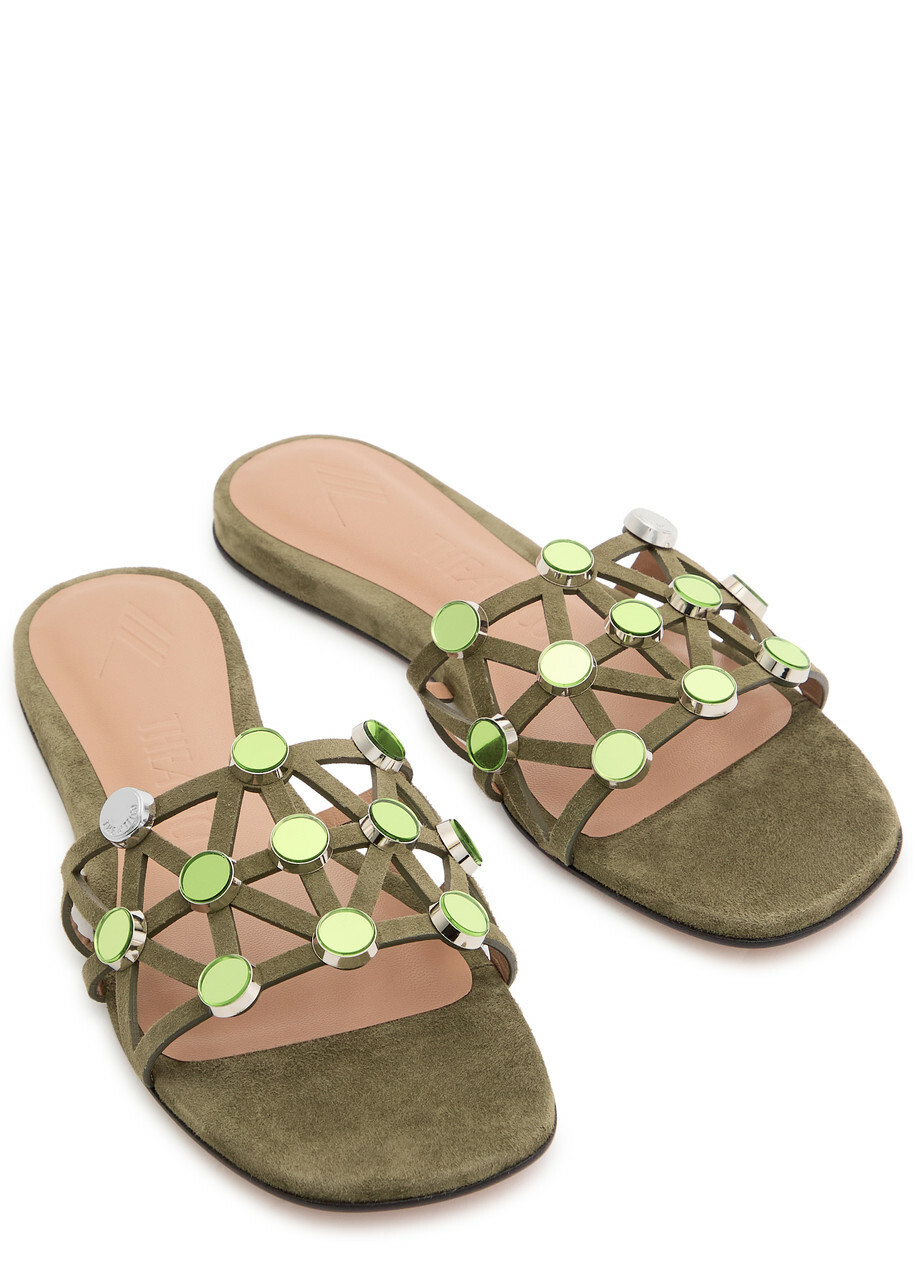 The Attico Grid Embellished Suede Sliders Khaki The Attico