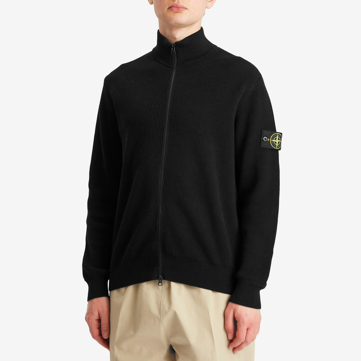 Stone Island Men's Ribbed Cotton Full Zip Cardigan in Black Stone Island