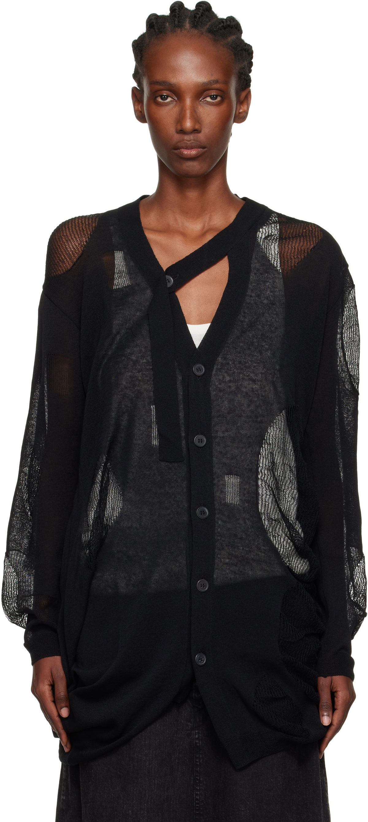YOHJI YAMAMOTO Black Plain Stitch & Pattern Draped Cardigan Yohji Yamamoto