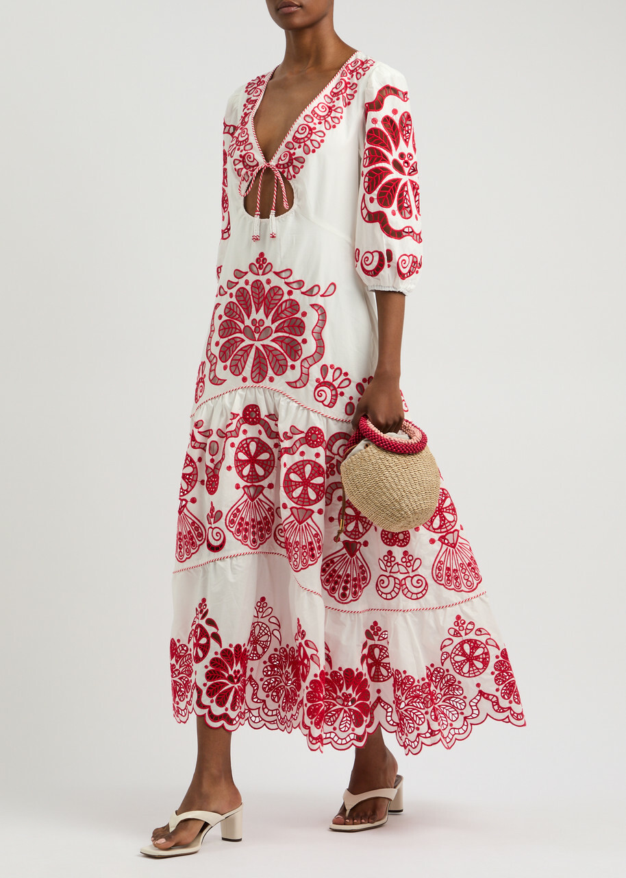 Farm Rio Richelieu Embroidered Cotton Maxi Dress White Farm Rio