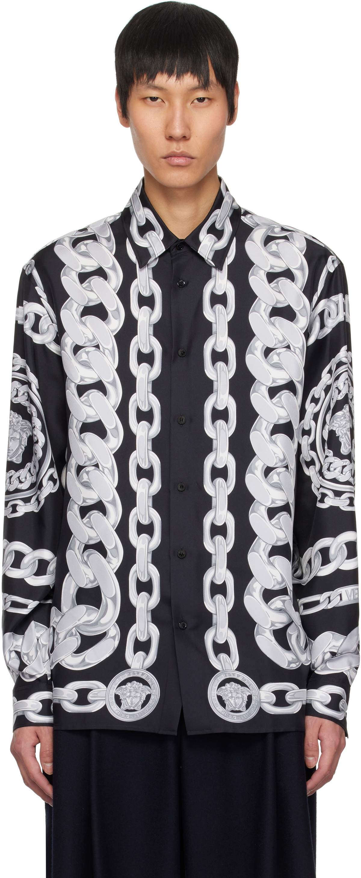 Versace Black Medusa Chains Silk Shirt Versace