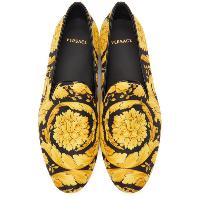 Versace Black and Yellow Silk Barocco Loafers Versace