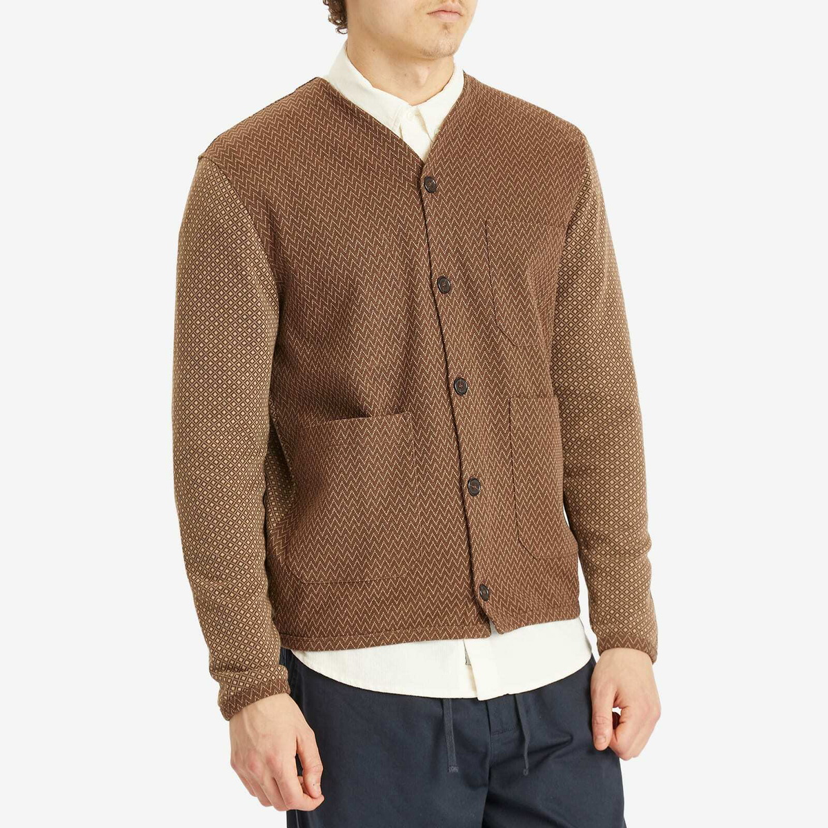 Universal Works Men's Jacquard Cardigan in Brown Universal Works