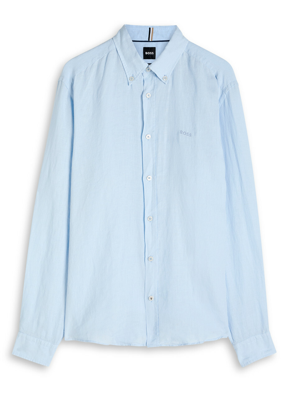 Boss Logo-embroidered Linen Shirt Light Blue BOSS