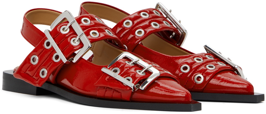 GANNI Red Feminine Buckle Ballerina Flats GANNI