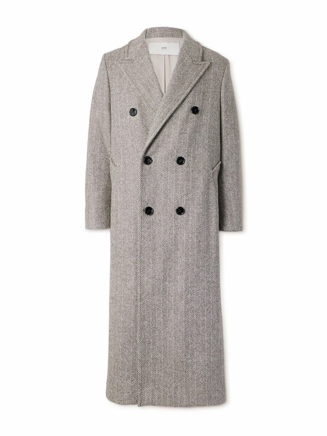 AMI PARIS - Double-Breasted Herringbone Wool Coat - Gray AMI