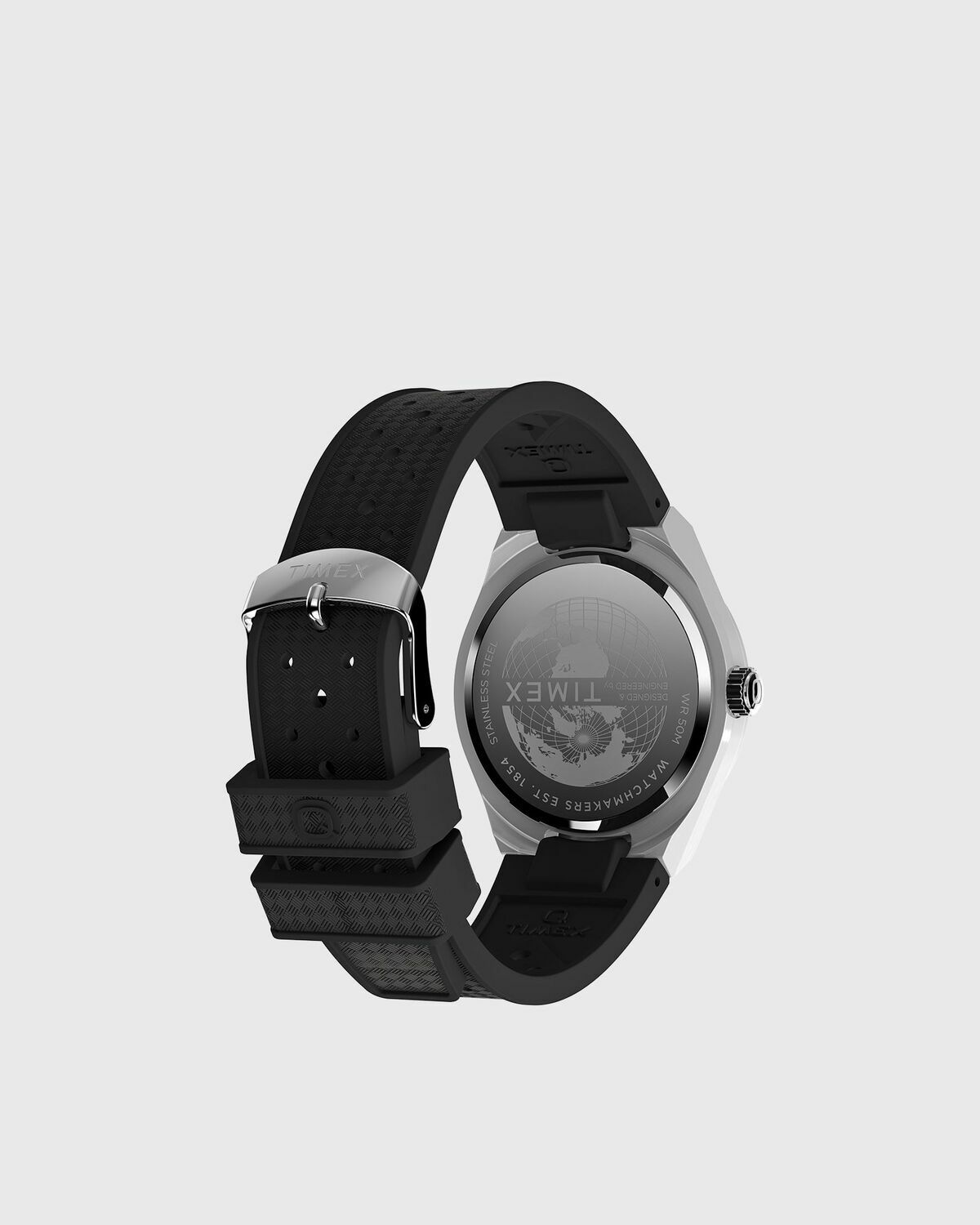 Timex Q - Timex GMT Silver Tone wth Black Rubber Strap 39mm case black ...