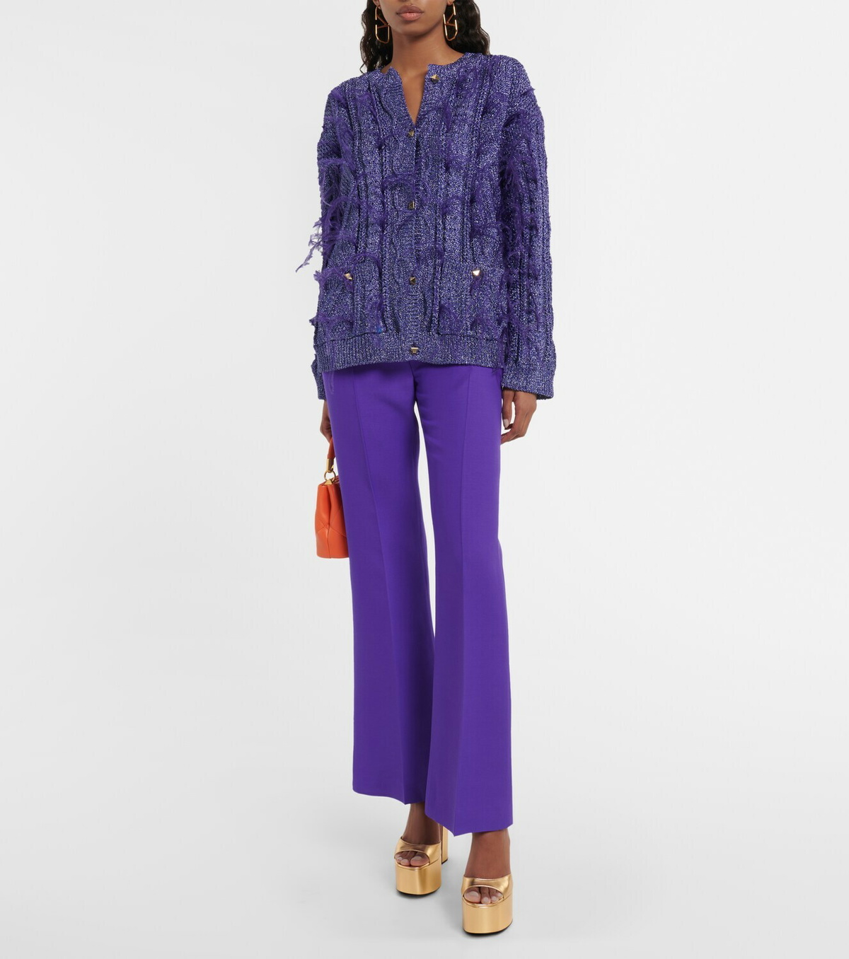 Valentino Feather-trimmed cable-knit cardigan Valentino