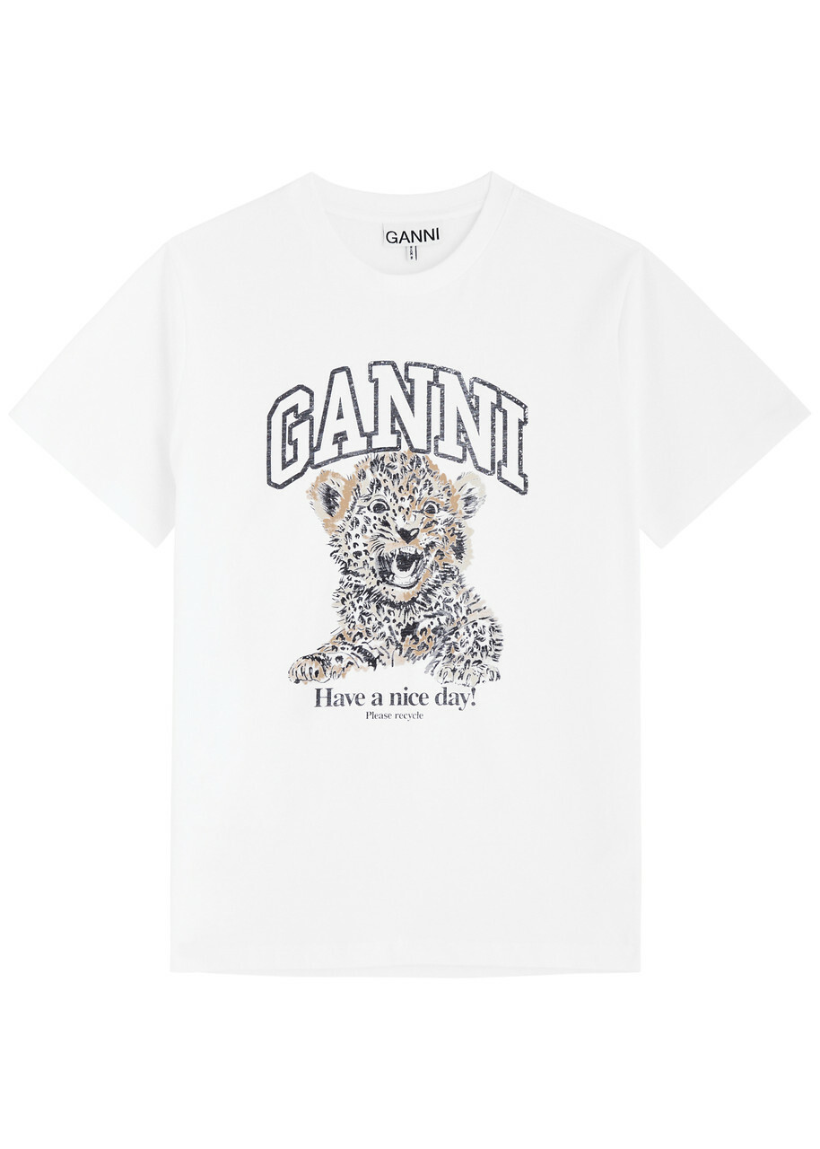 Ganni Logo Printed Cotton T-shirt White GANNI