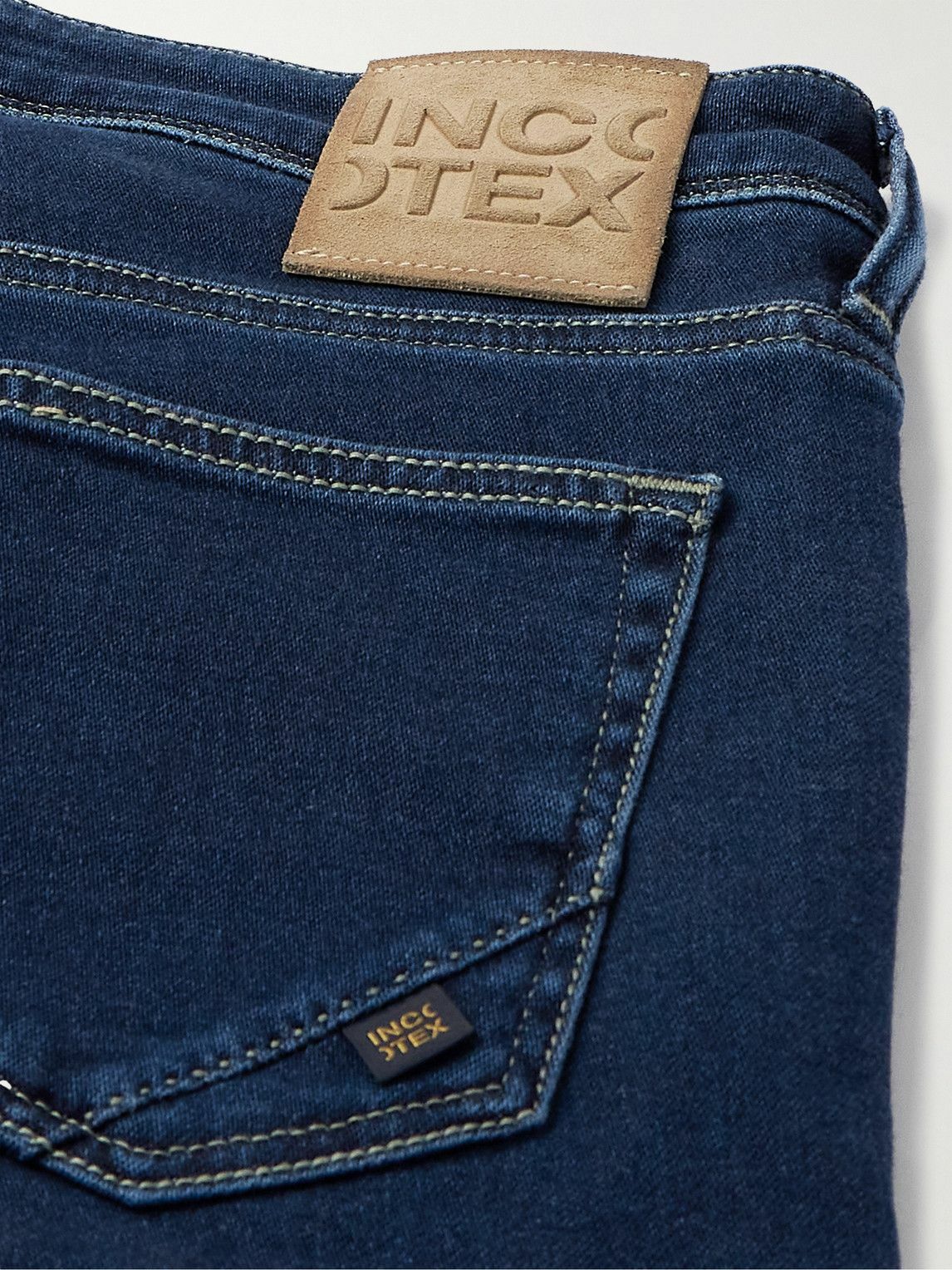 Incotex - Leather-Trimmed Straight-Leg Jeans - Blue Incotex