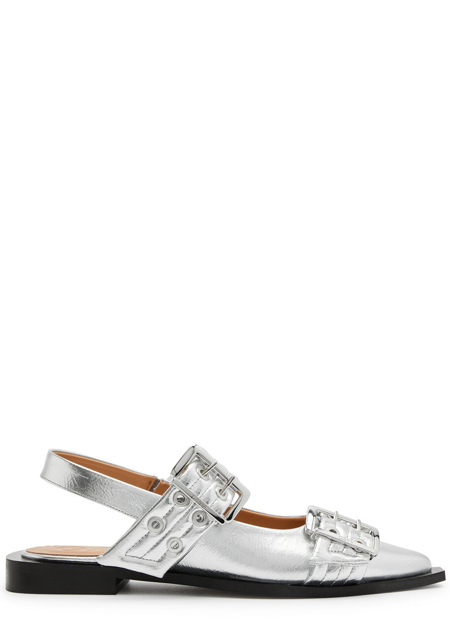 Ganni Buckle Ballerina Metallic Faux Leather Slingback Flats Silver GANNI
