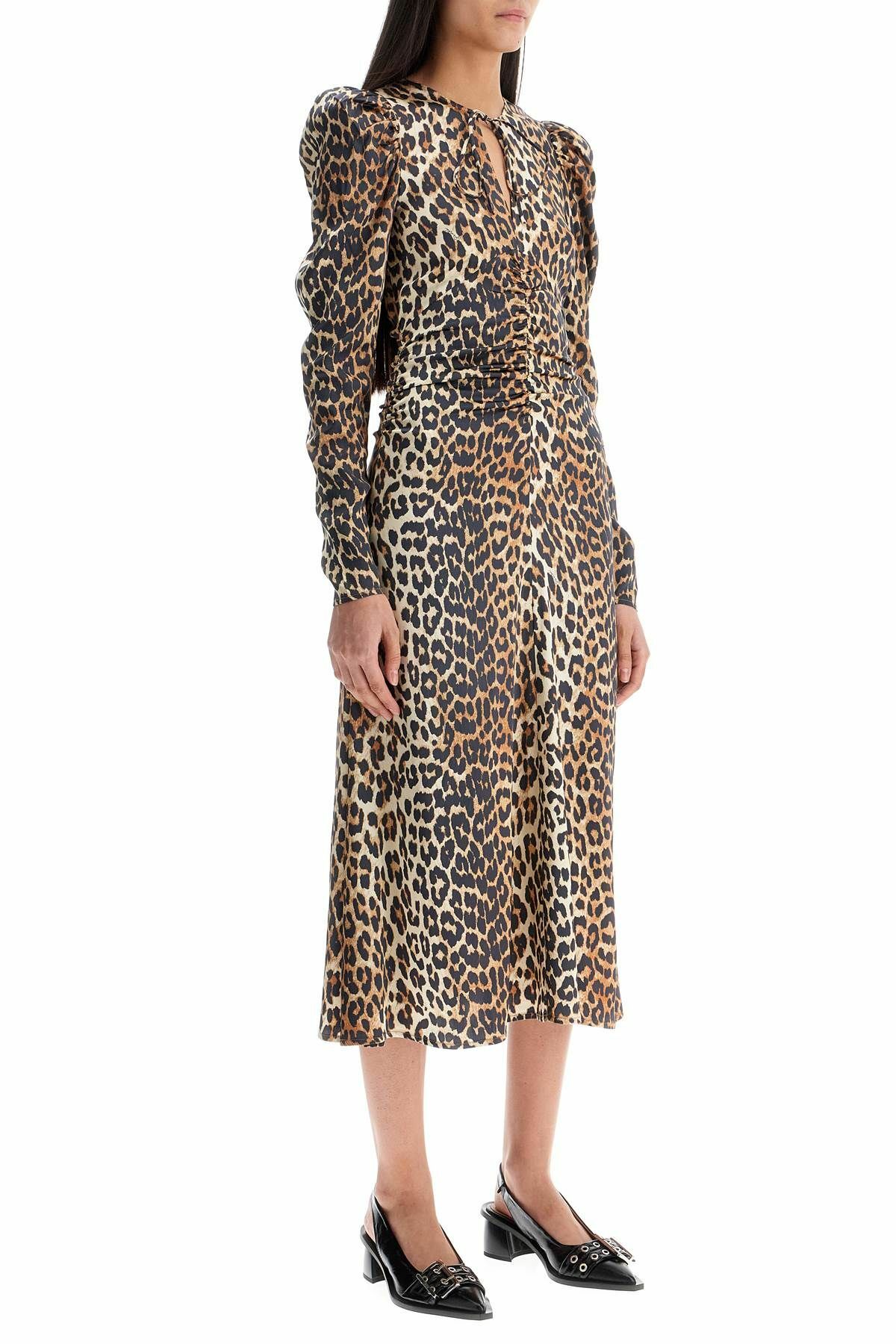 GANNI "animal print satin midi dress" Brown GANNI