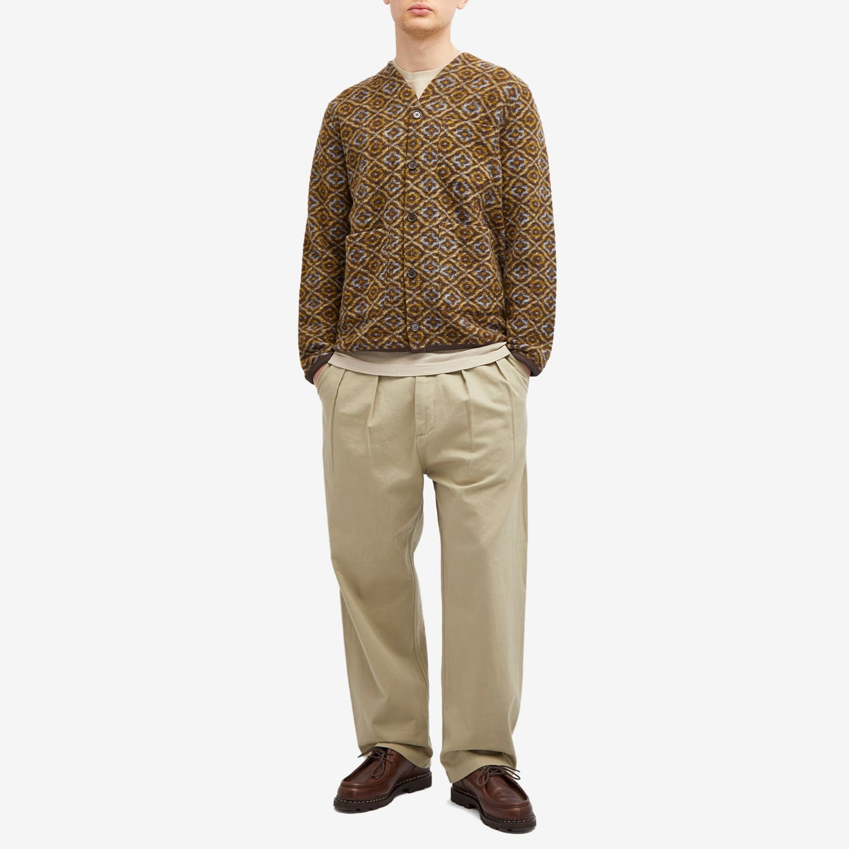 Universal Works Men's Geometric Fleece Cardigan in Brown Universal Works