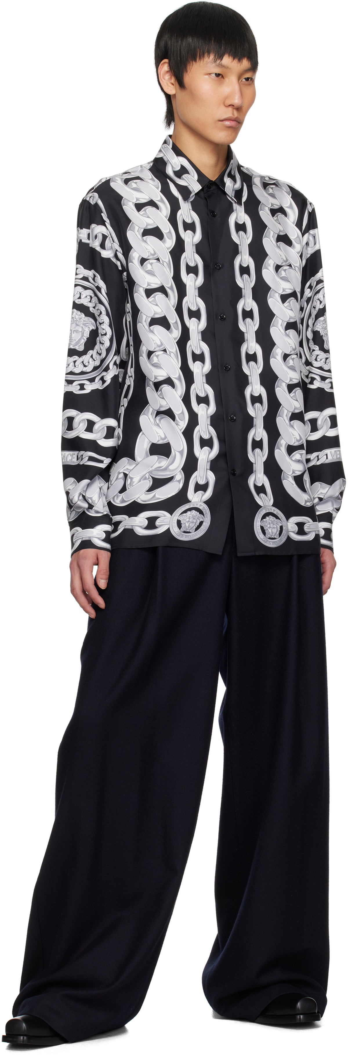 Versace Black Medusa Chains Silk Shirt Versace