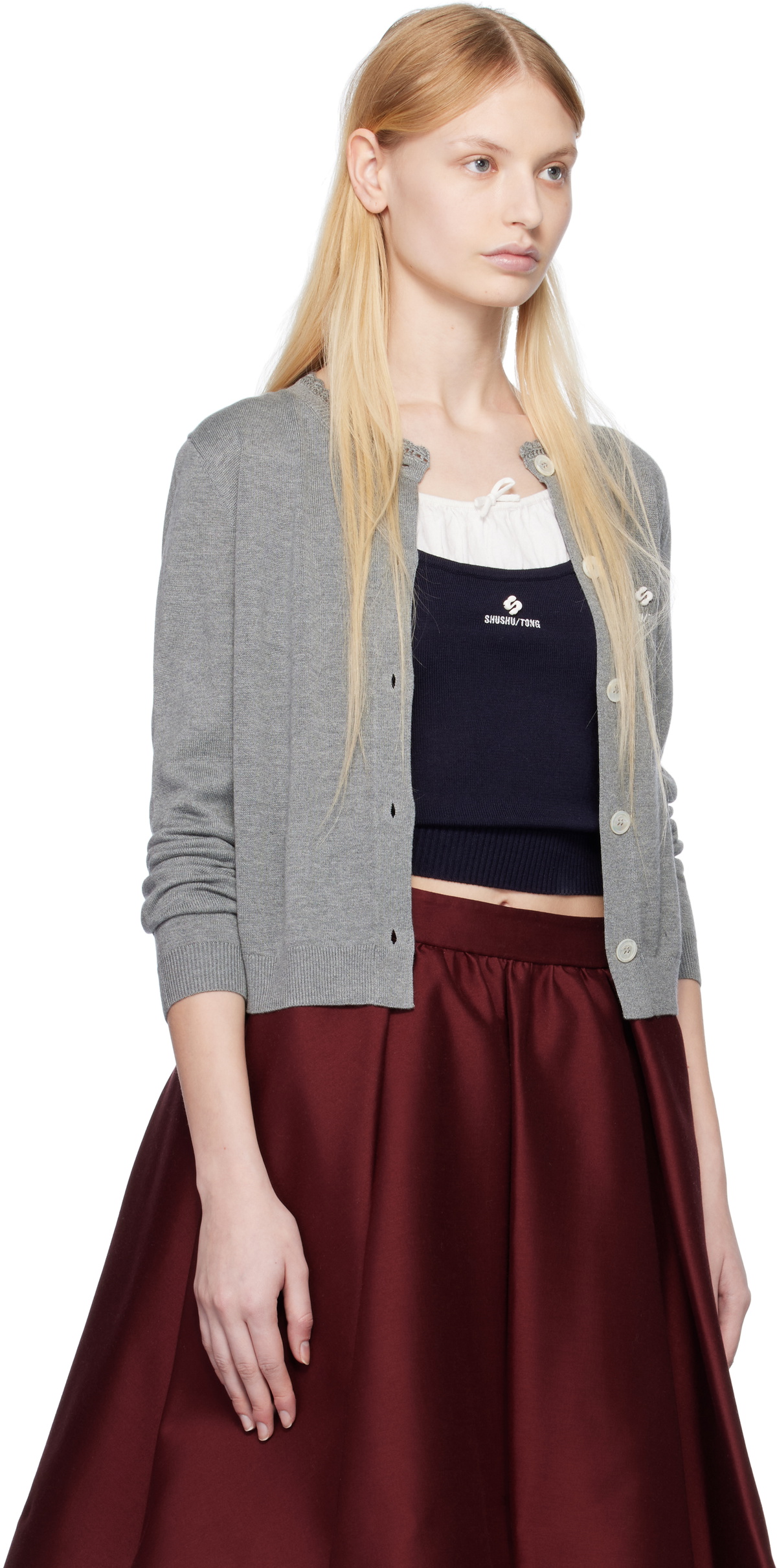 SHUSHU/TONG Gray Logo-Stitch Knit Cardigan Shushu/Tong