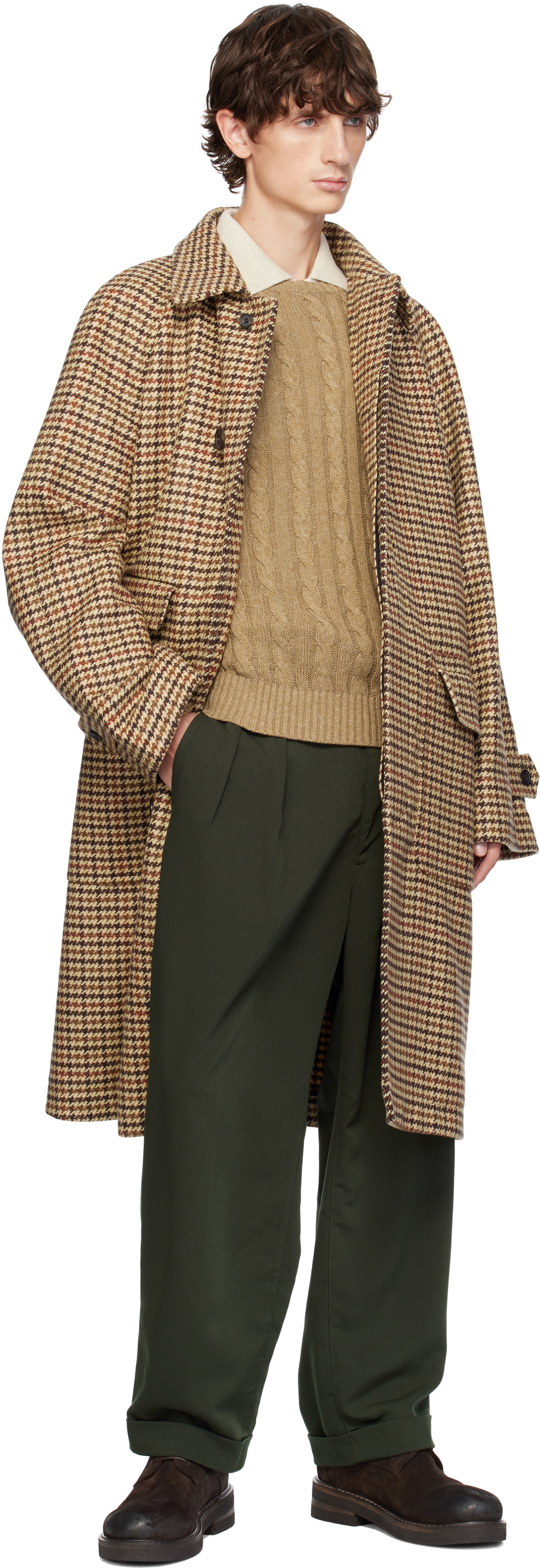 Drake's Beige Houndstooth Check Wool Raglan Coat Drake's