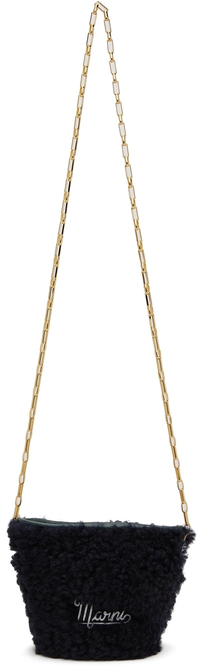 Marni Navy & Green Nano Shearling Chain Bucket Bag Marni