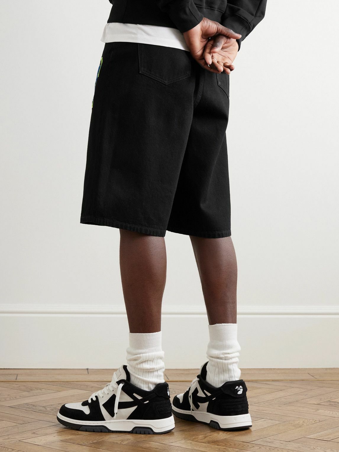 Off-White - Straight-Leg Embroidered Appliquéd Denim Shorts - Black Off ...