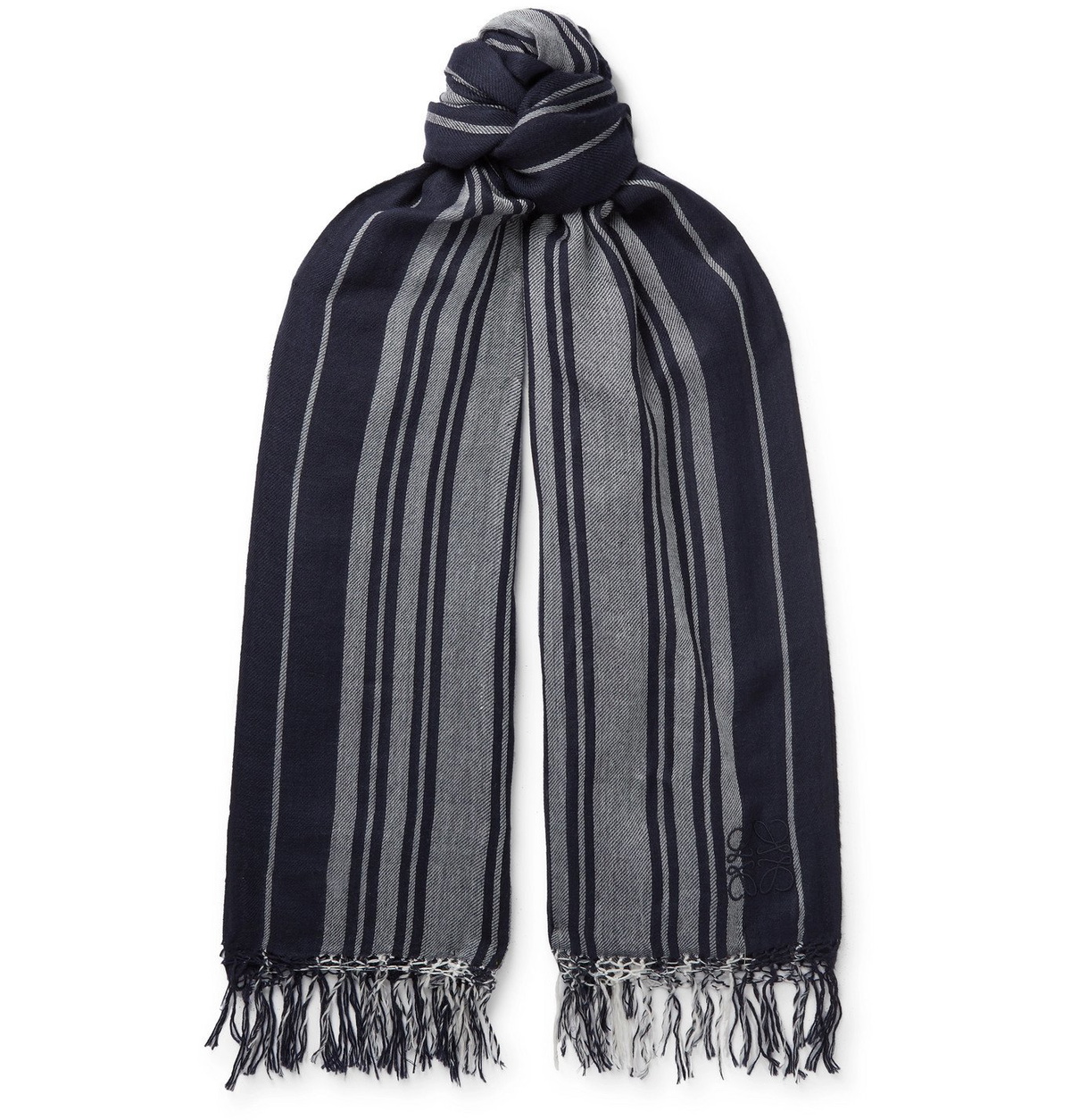 Loewe - Logo-Embroidered Fringed Striped Cashmere Scarf - Blue Loewe