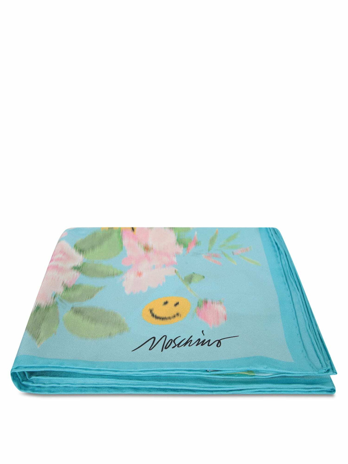Moschino Light Blue Floral Silk Twill Scarf Moschino