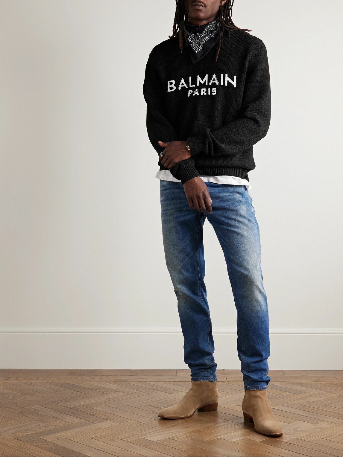 Balmain - Logo-Jacquard Wool-Blend Sweater - Black Balmain