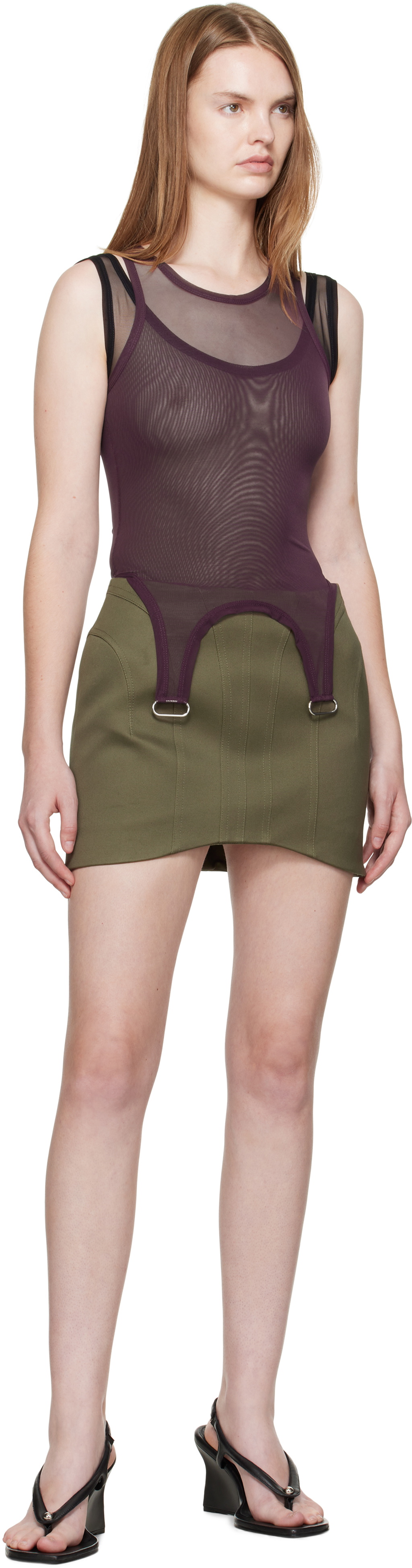 Mugler Burgundy & Black Mesh Love Tank Bodysuit Mugler