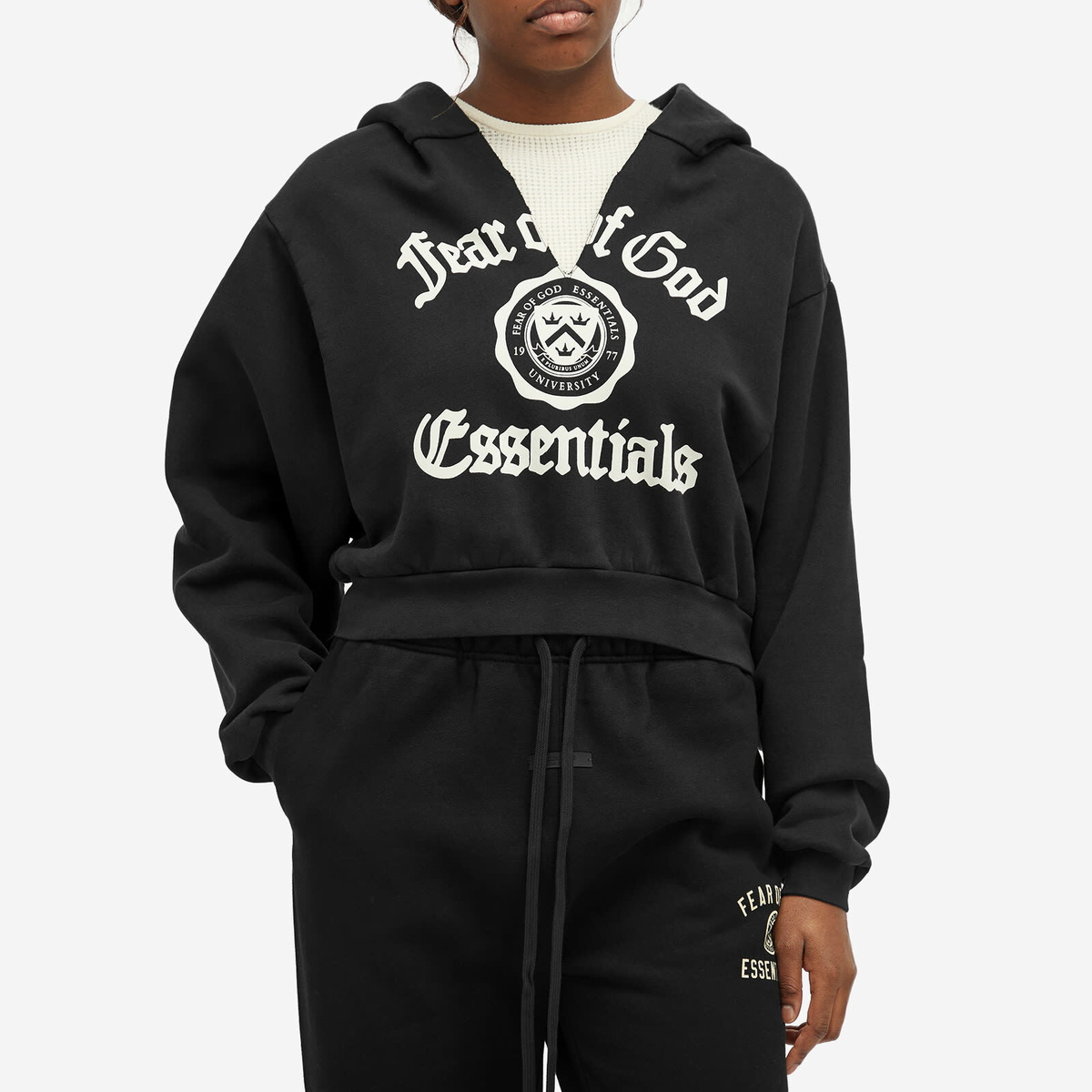 Fear of God ESSENTIALS Women's Heavy Fleece Cropped V-Neck Hoodie in ...