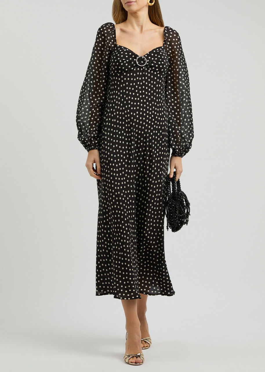 Rixo Ivy Polka Dot-print Silk-chiffon Midi Dress Black Rixo