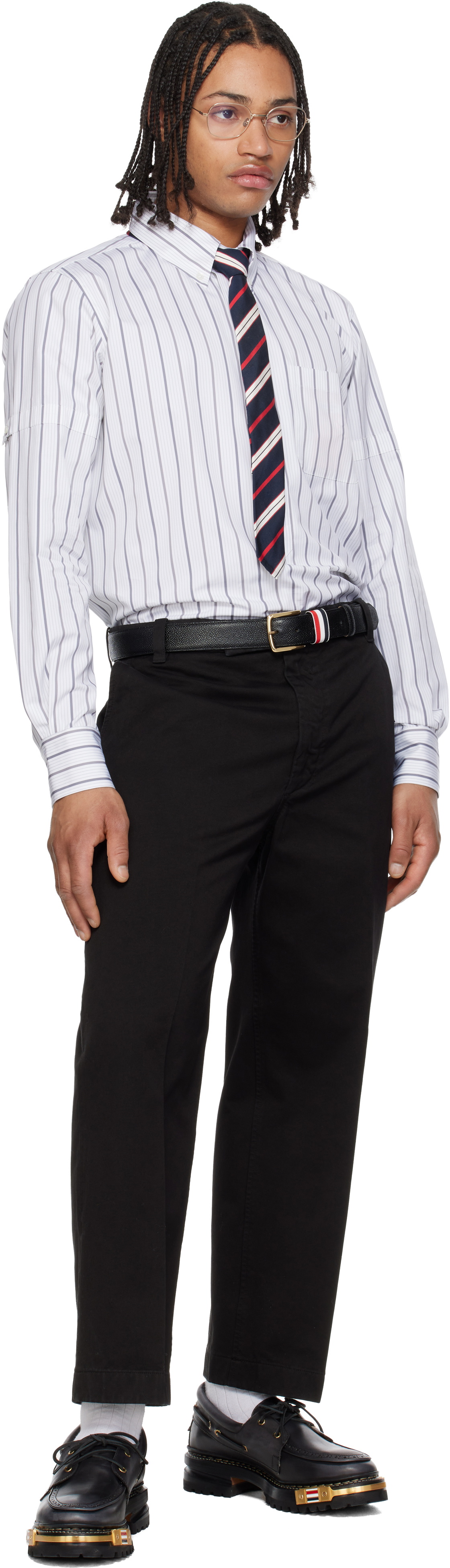 Thom Browne Gray & White Straight Fit Pop Over Self Armband Shirt Thom ...