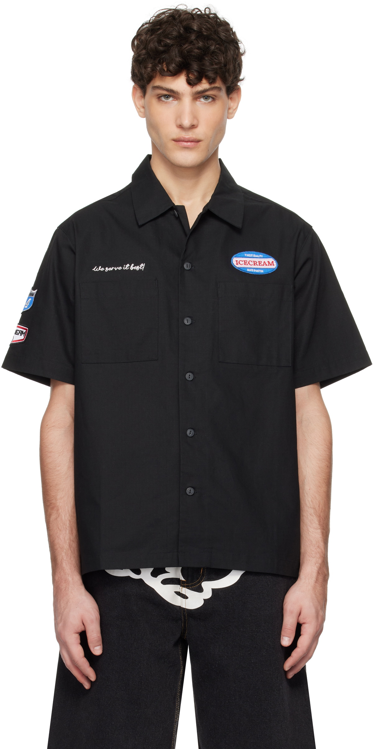 ICECREAM Black Short Sleeve Patch Work Shirt ICECREAM
