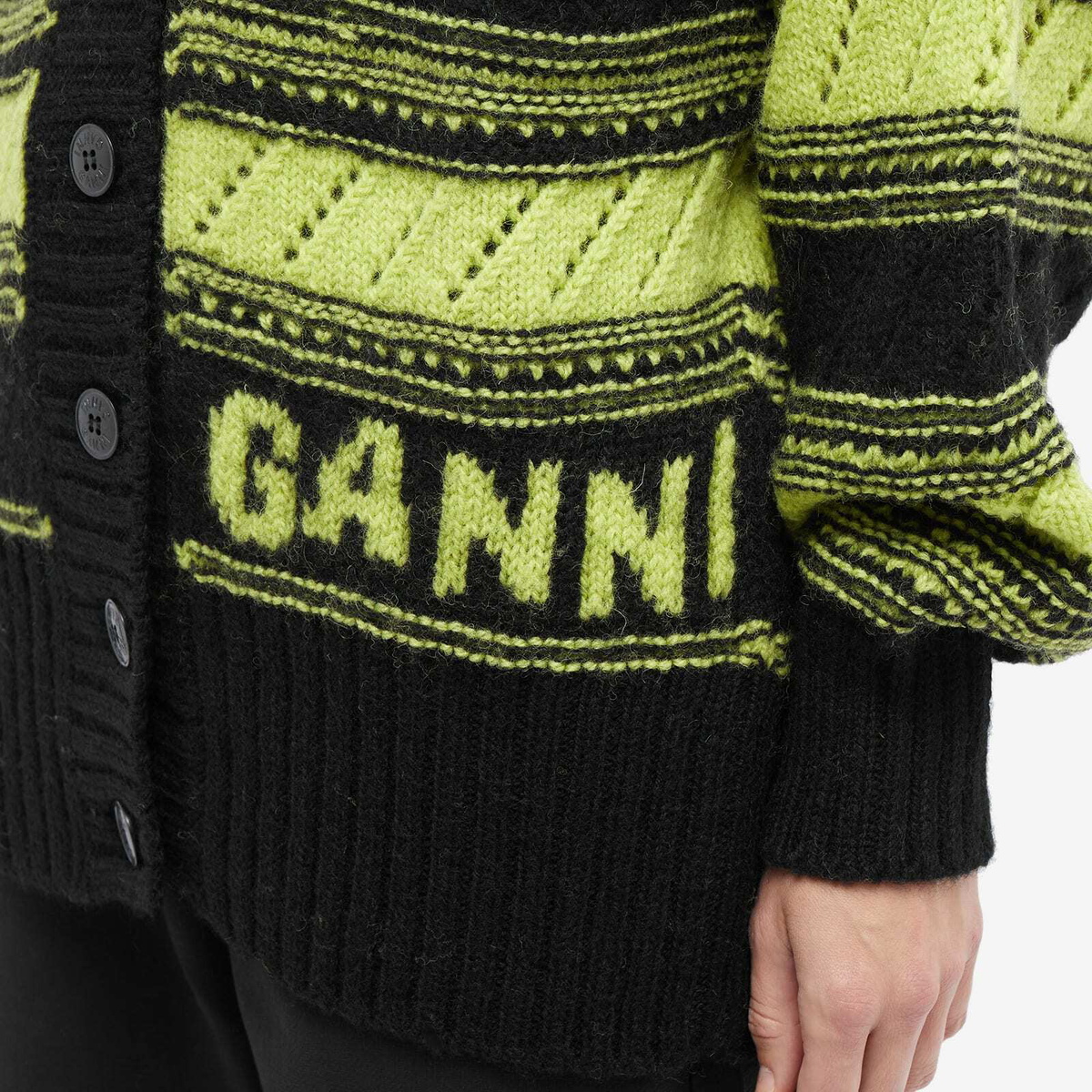 GANNI Women's Organic Wool Stripe Cardigan in Black GANNI