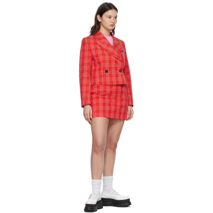 MSGM Red and Pink Cropped Plaid Blazer MSGM
