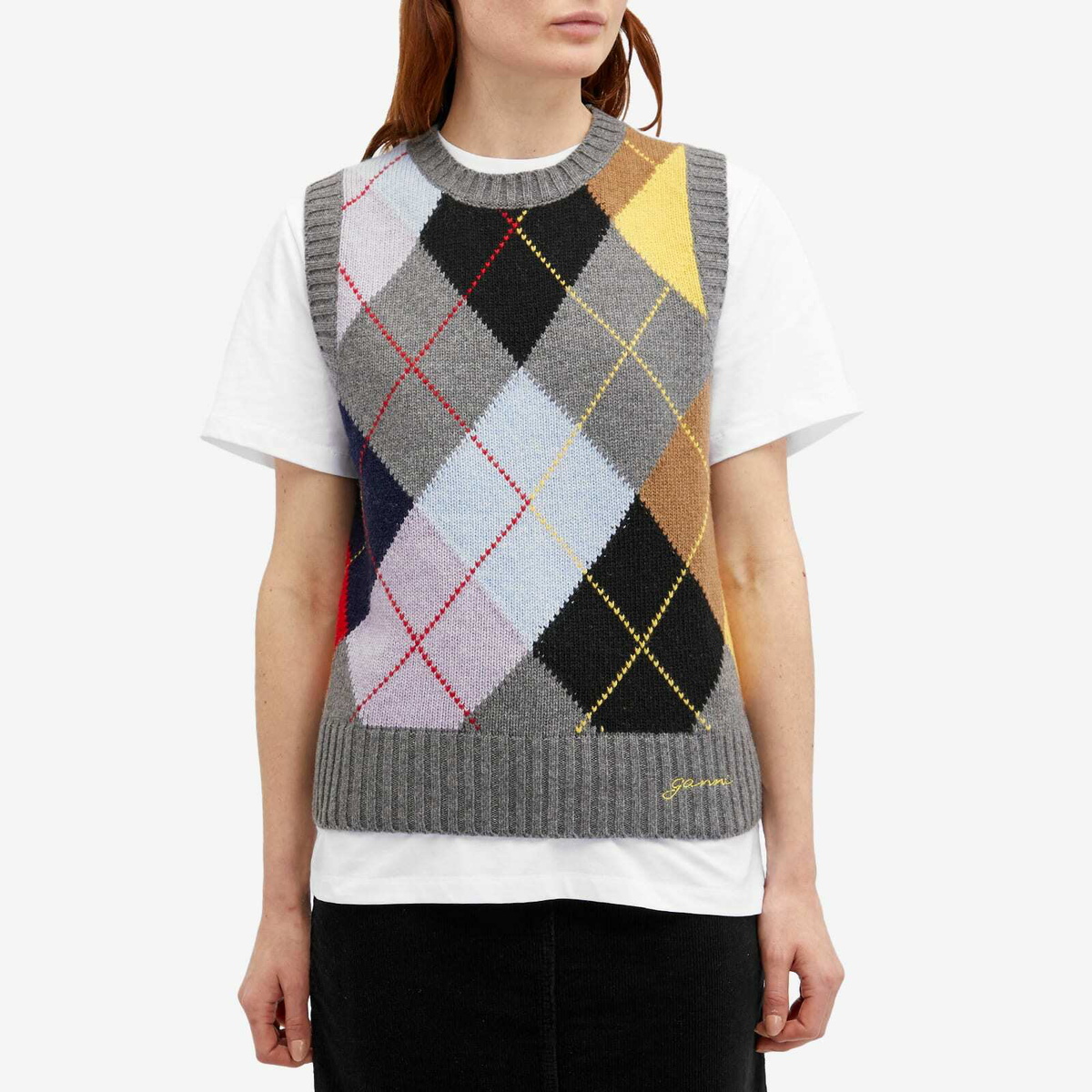 GANNI Women's Harlequin Wool Mix Knit Vest in Frost Gray GANNI