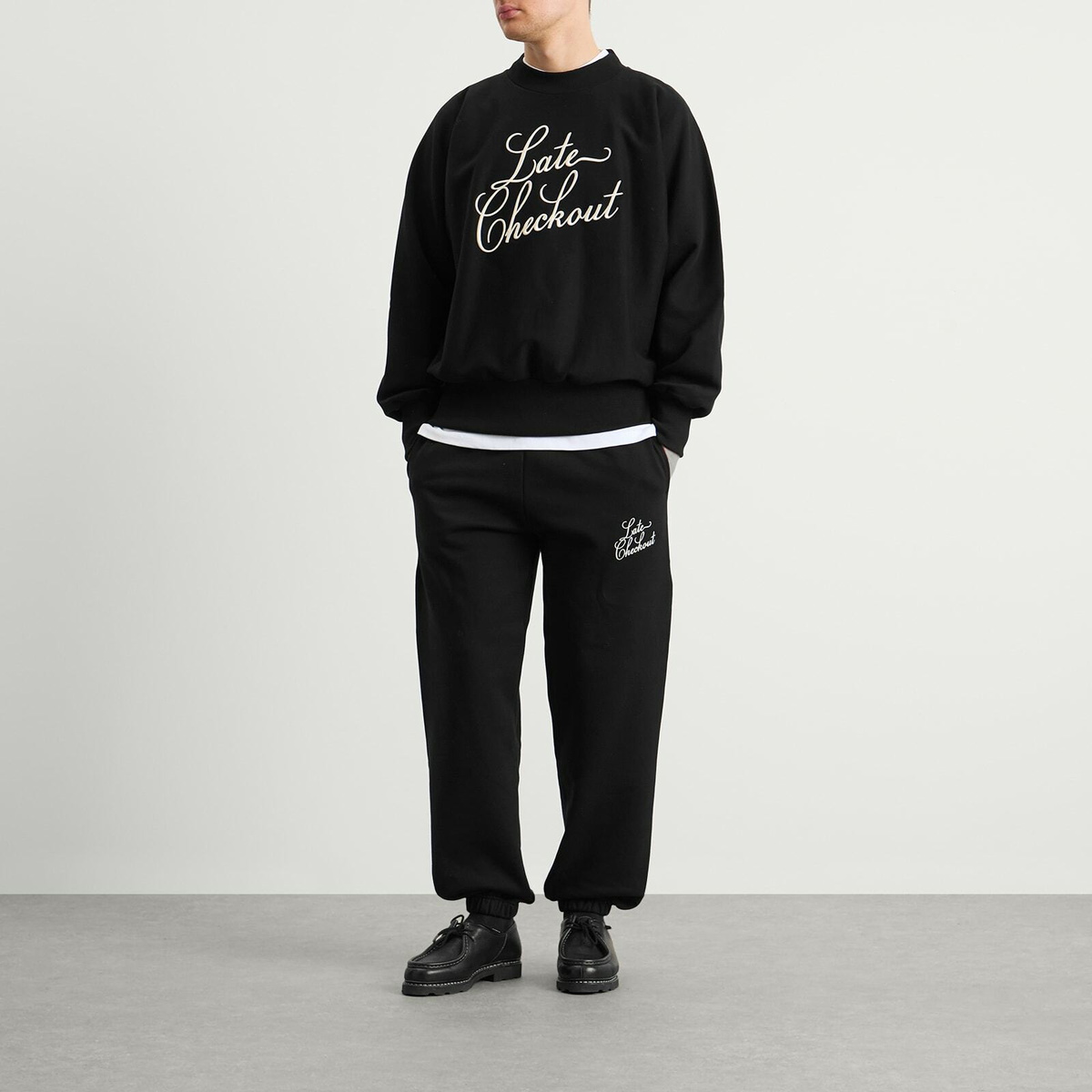 Late Checkout Men's Script Crewneck Sweatshirt in Black/White Late Checkout