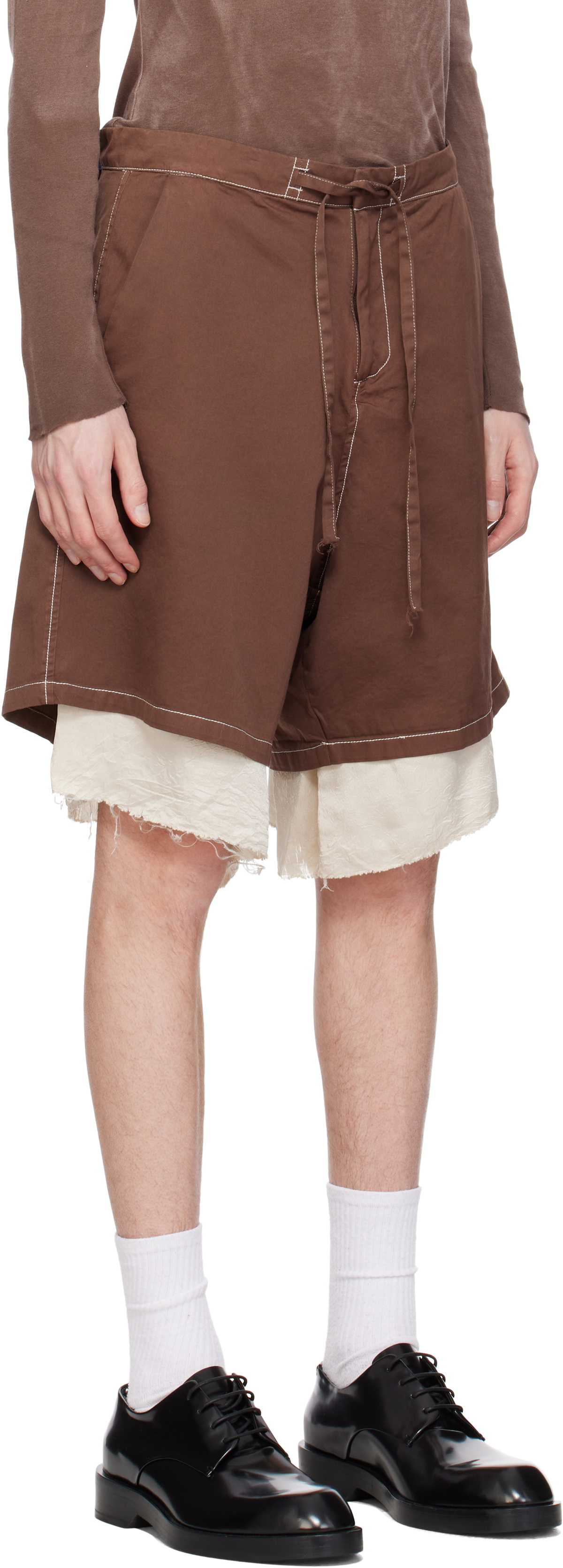 Edward Cuming Brown Drill Satin Exploded Piece Dyed Shorts Edward Cuming