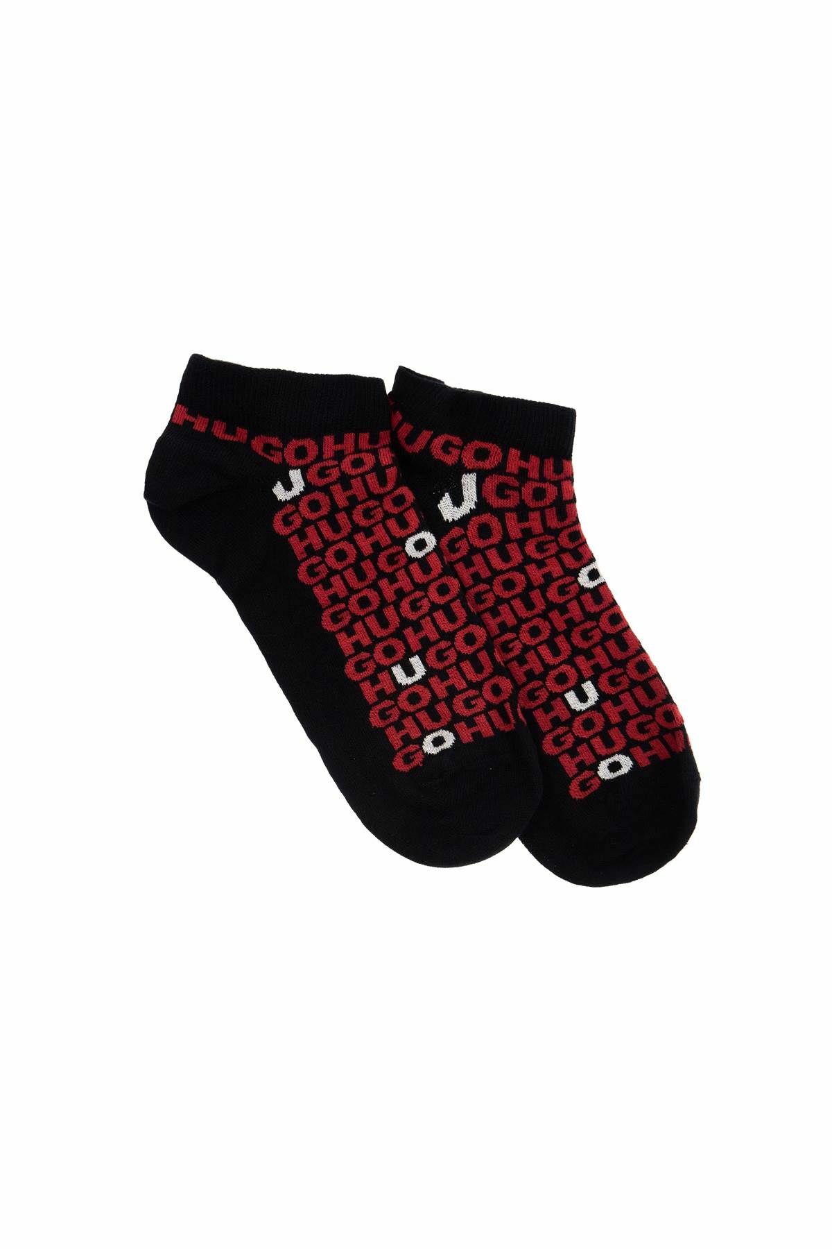 HUGO men's short socks 4 pairs cotton repeated logo black and red Black ...