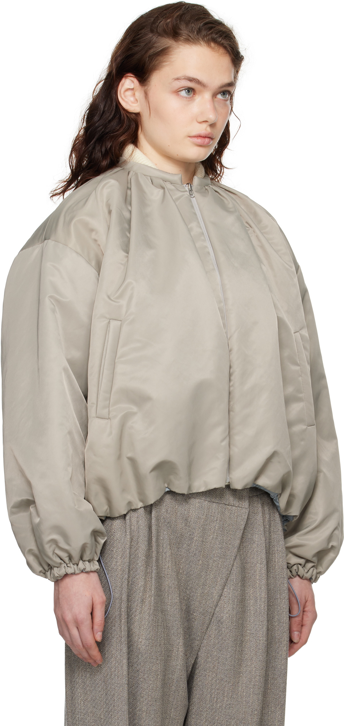 AMOMENTO Beige & Blue Quilted Padded Reversible Bomber Jacket AMOMENTO