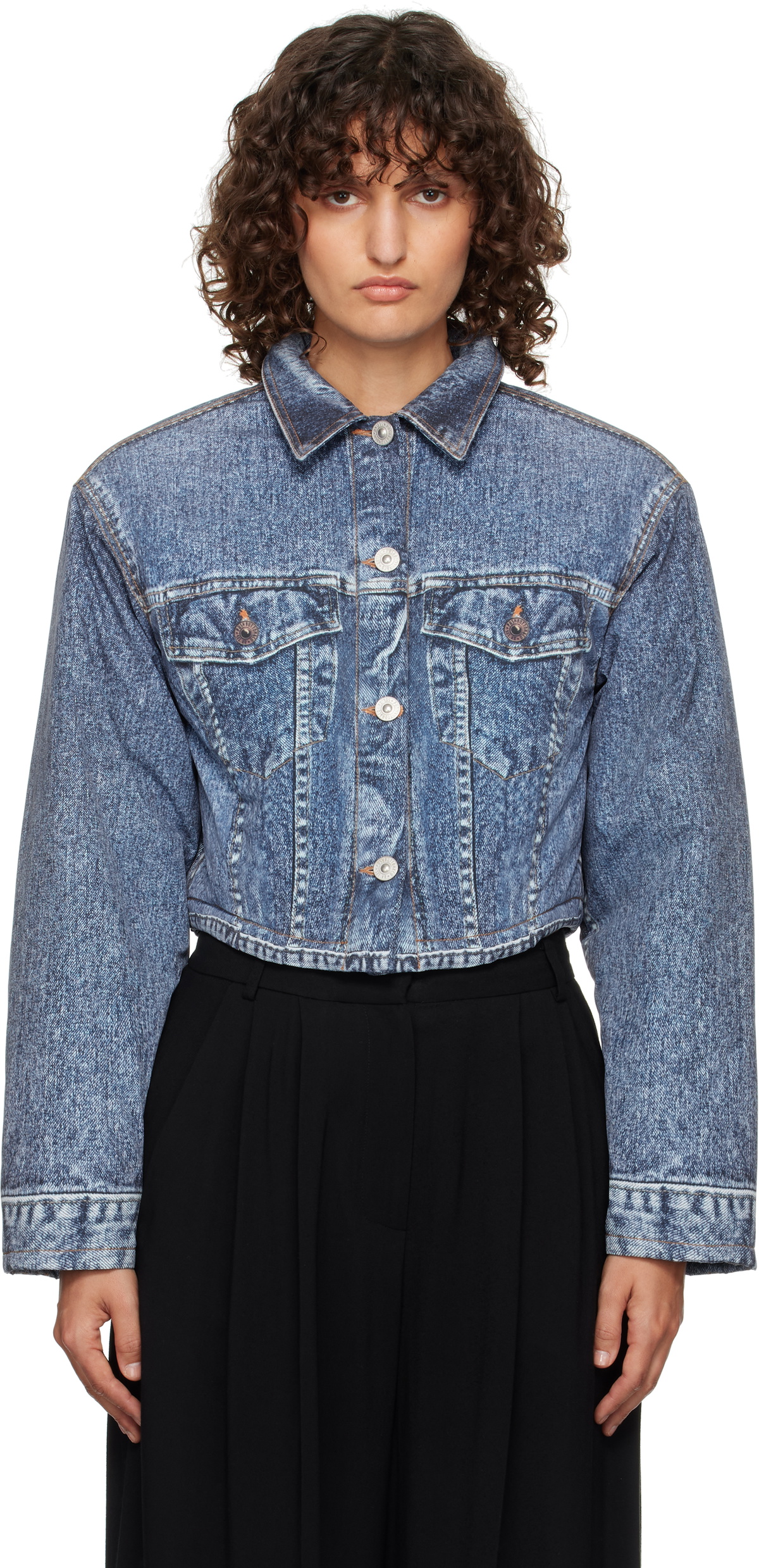 Pushbutton Blue Denim Print Cropped Jacket Pushbutton