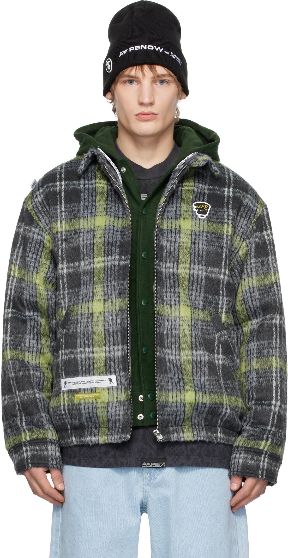 AAPE by A Bathing Ape Gray & Green 'AAPE' Moonface Logo Check Hooded ...