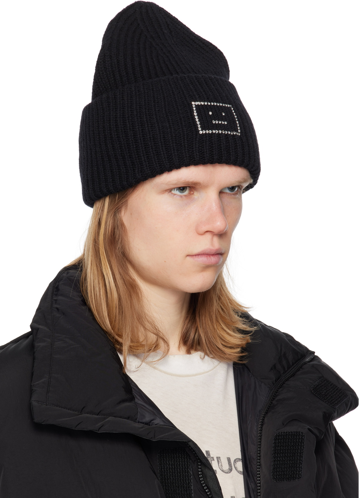 Acne Studios Black Embellished Face Logo Beanie Acne Studios