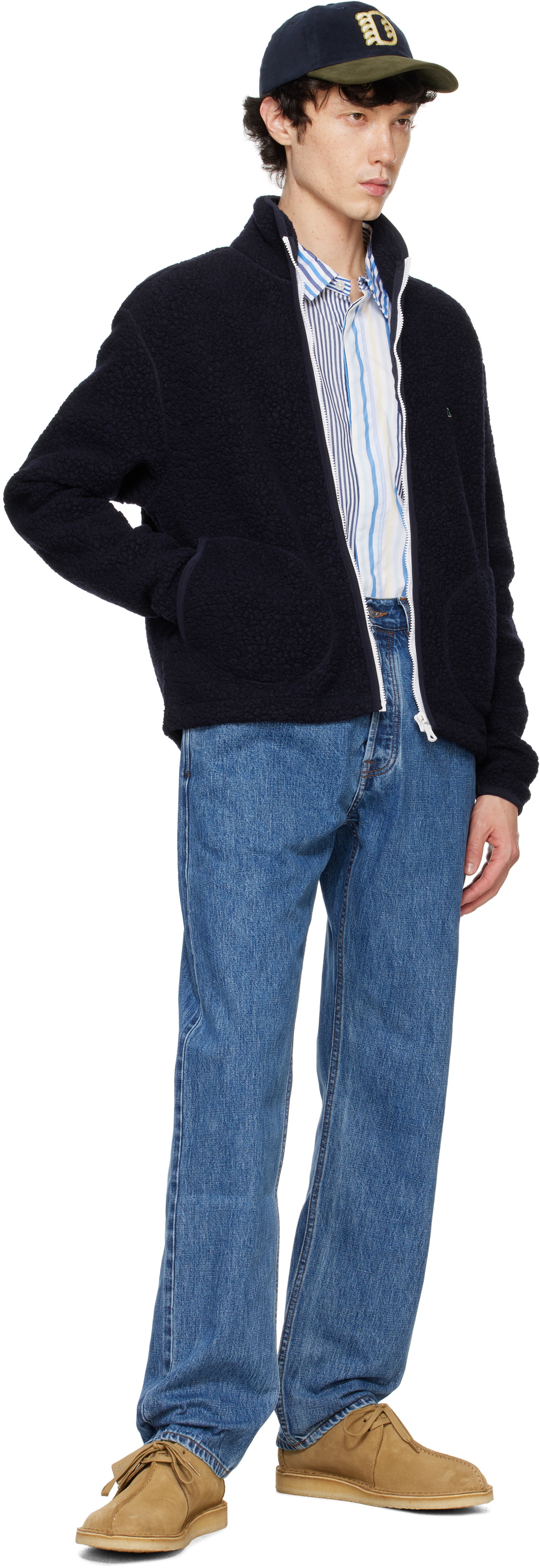 Drake's Navy Boucle Wool Zip Fleece Jacket Drake's