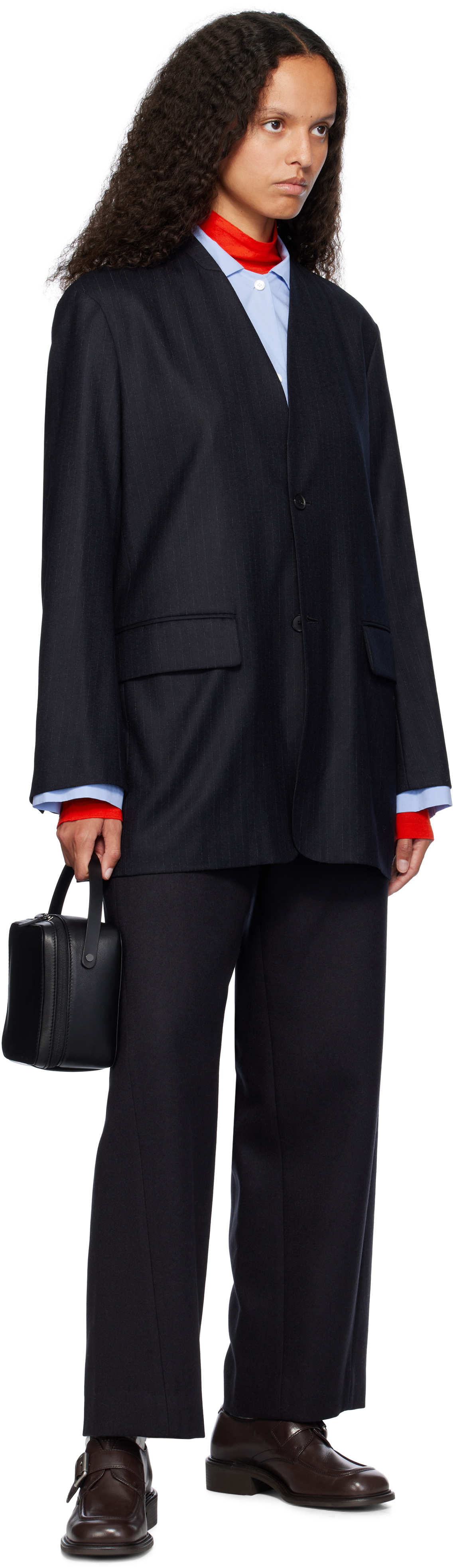 AURALEE Navy Wool Fulling Flannel Stripe Blazer Auralee