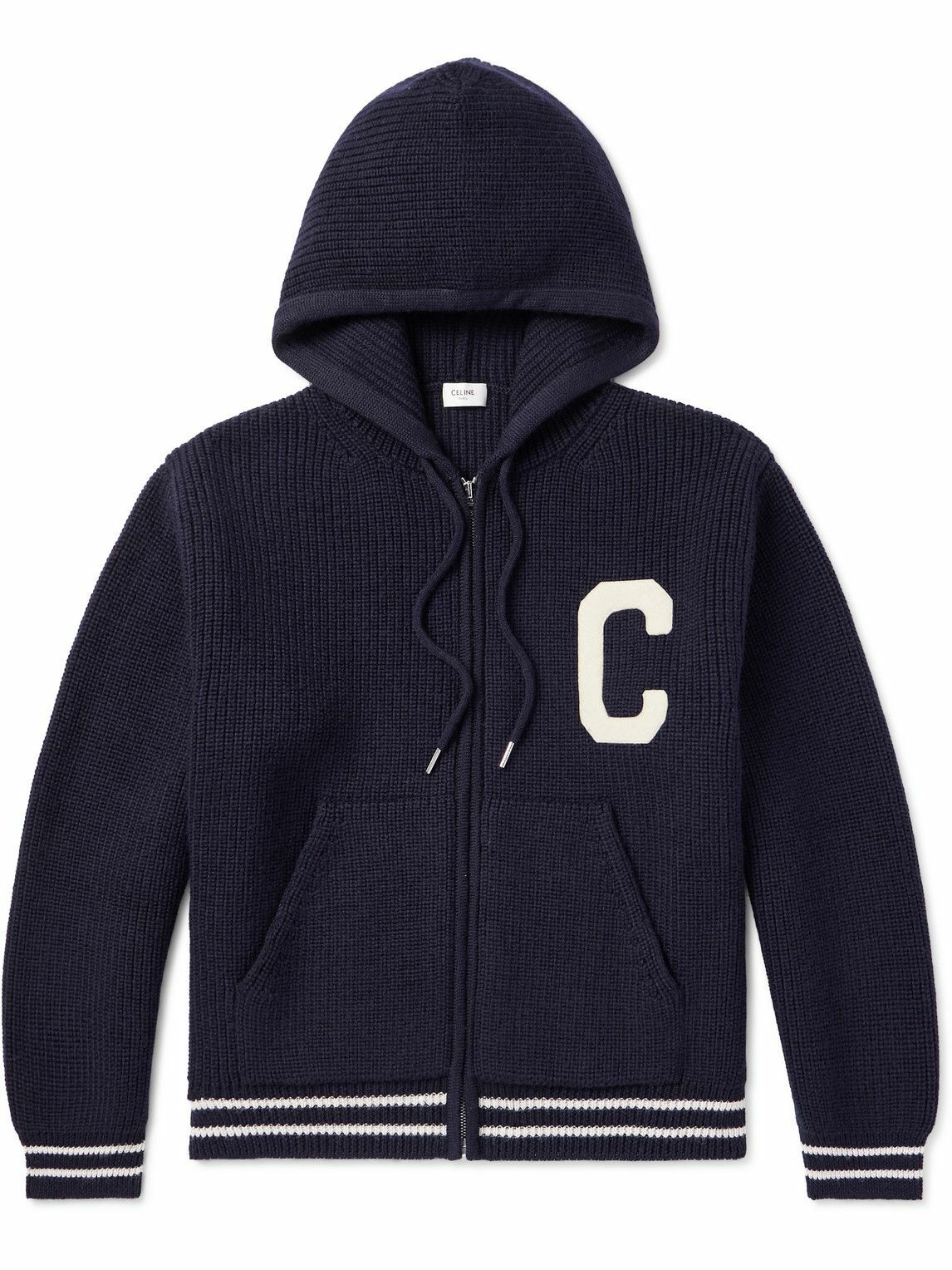 CELINE - Logo-Appliquéd Wool Zip-Up Hoodie - Blue Celine